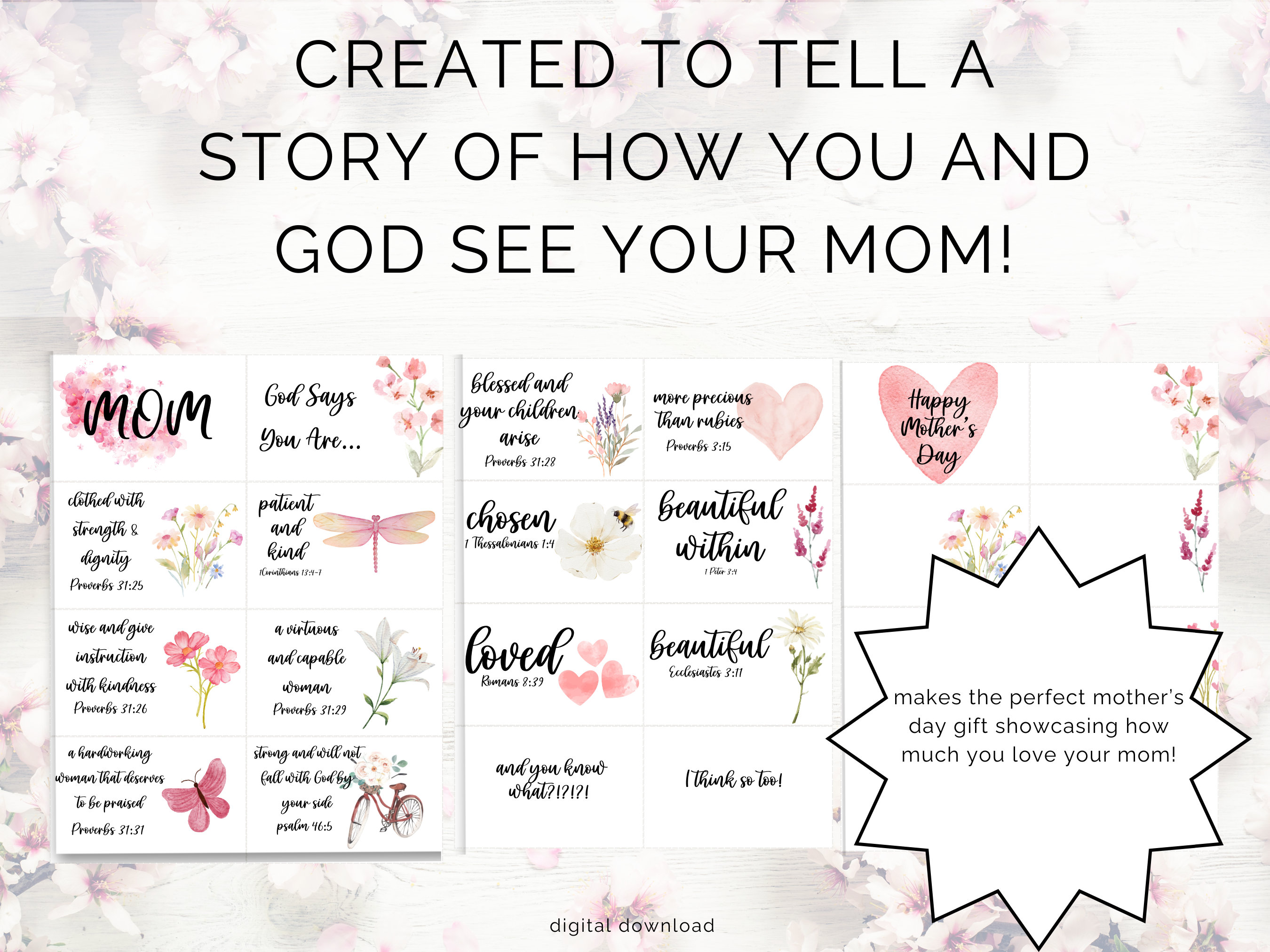 Printable Mother's Day Scripture Cards, Set of 12 Bible Memory Verse ...