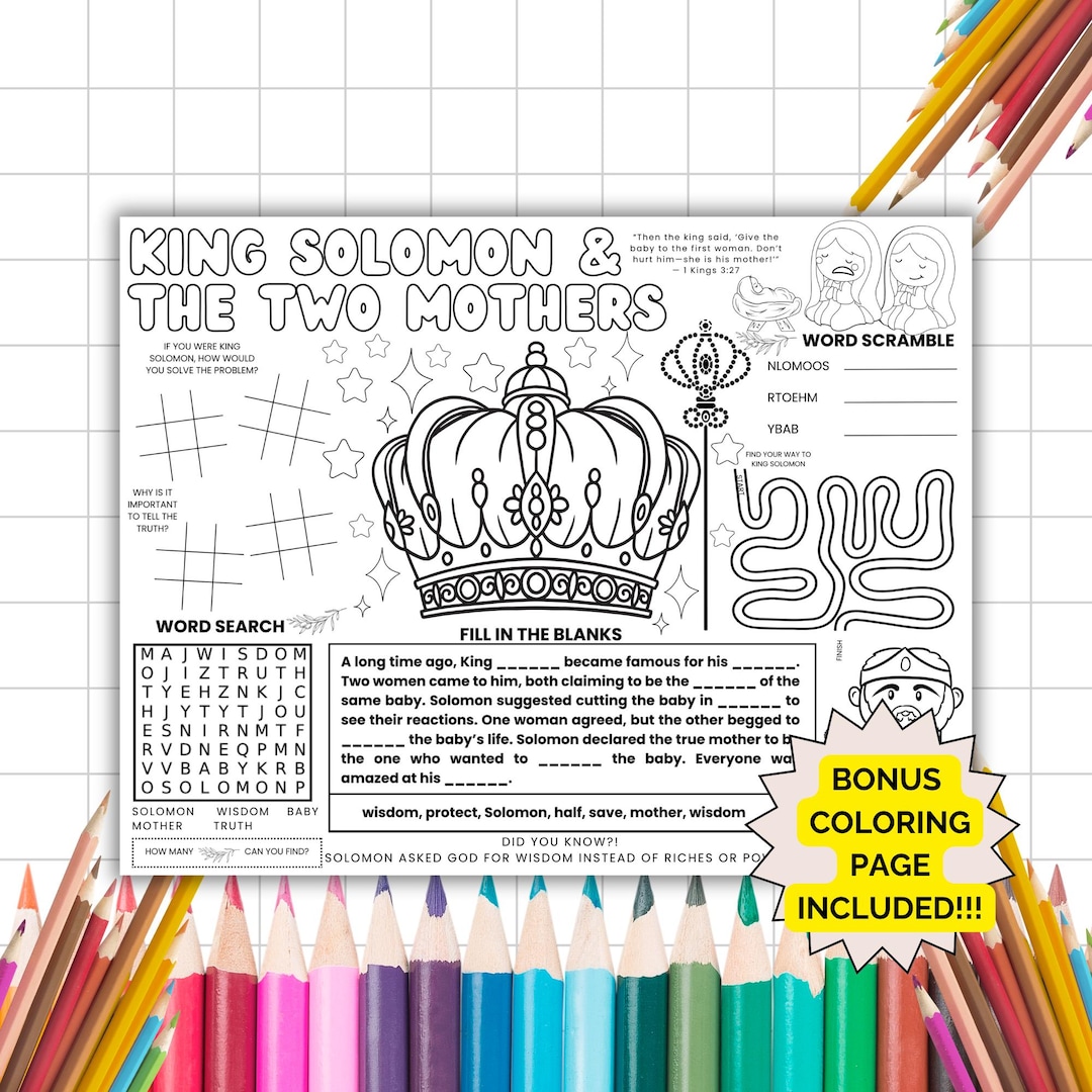 King Solomon and the Two Mothers Activity Placemat, Homeschool Coloring ...