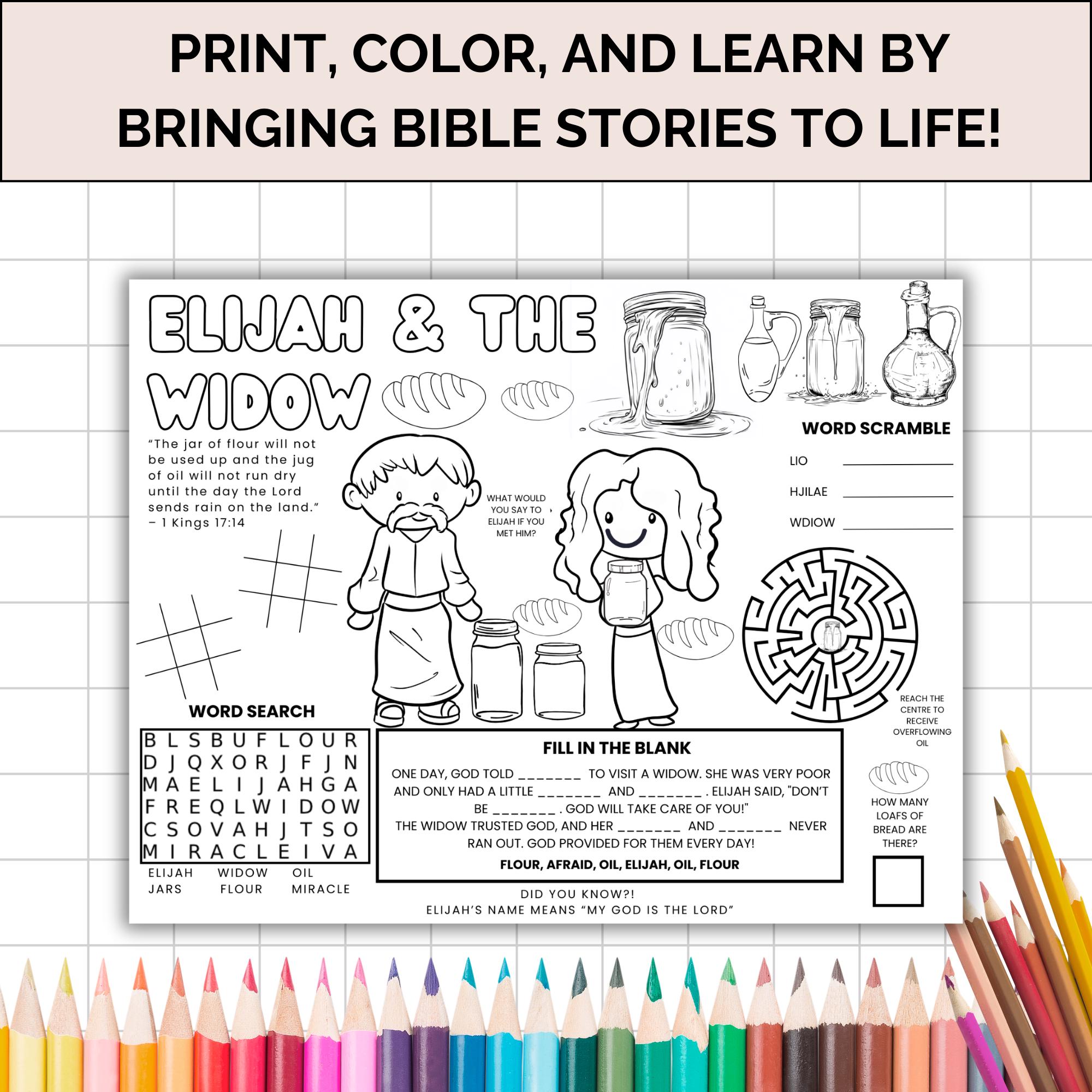 Elijah and the Widow Activity Placemat, Bible Story Coloring Pages ...