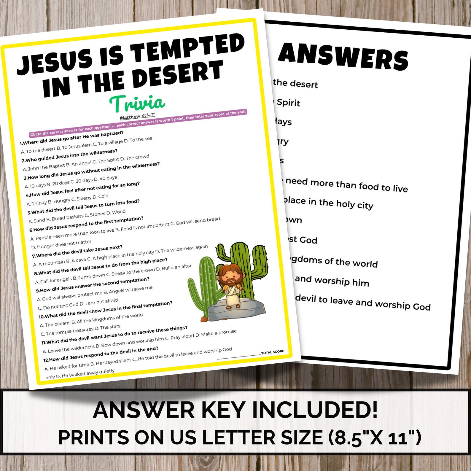Temptation of Jesus Bible Trivia Game, Sunday School Activity, Children ...