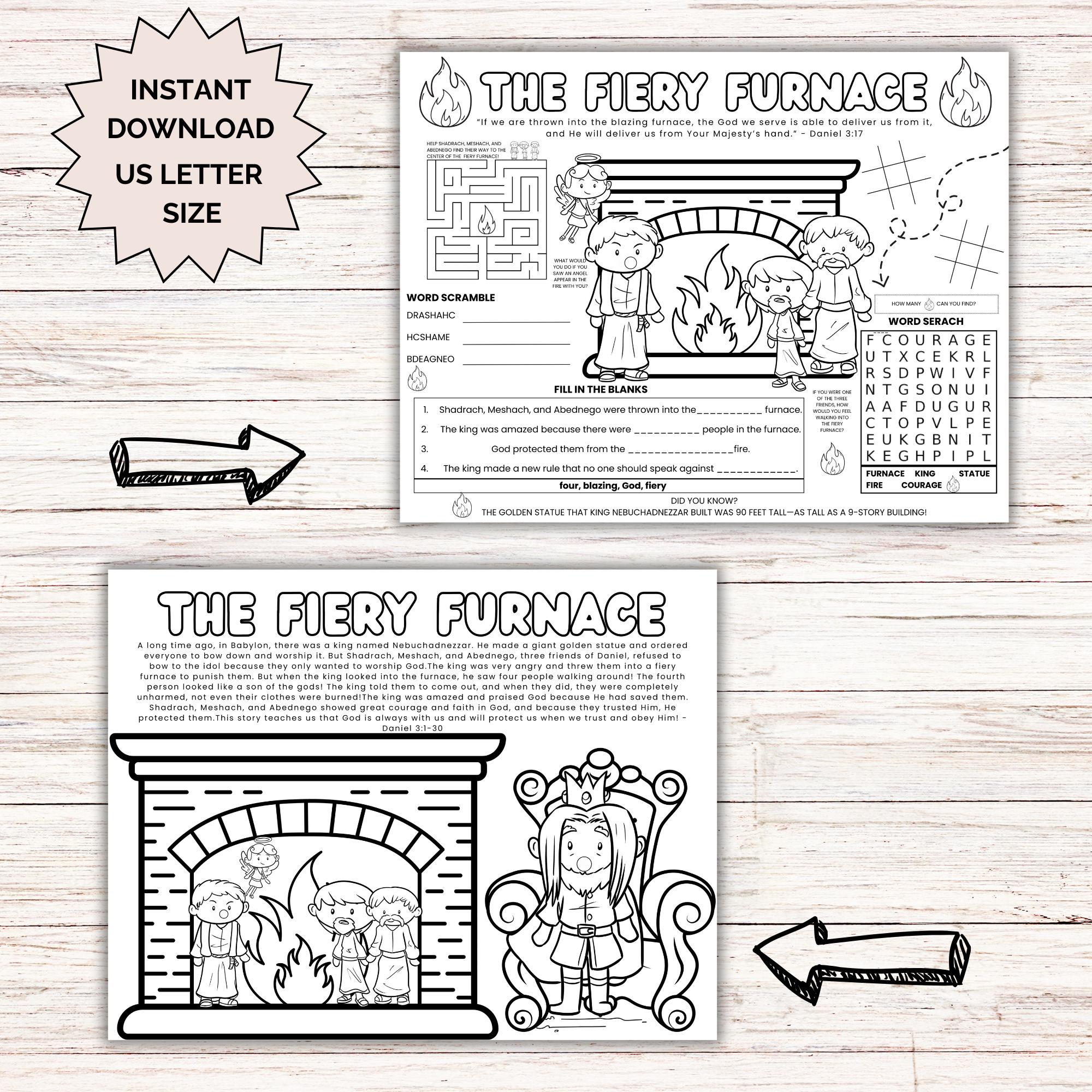 Fiery Furnace Activity Placemat, Story of Shadrach, Meshach Abednego ...