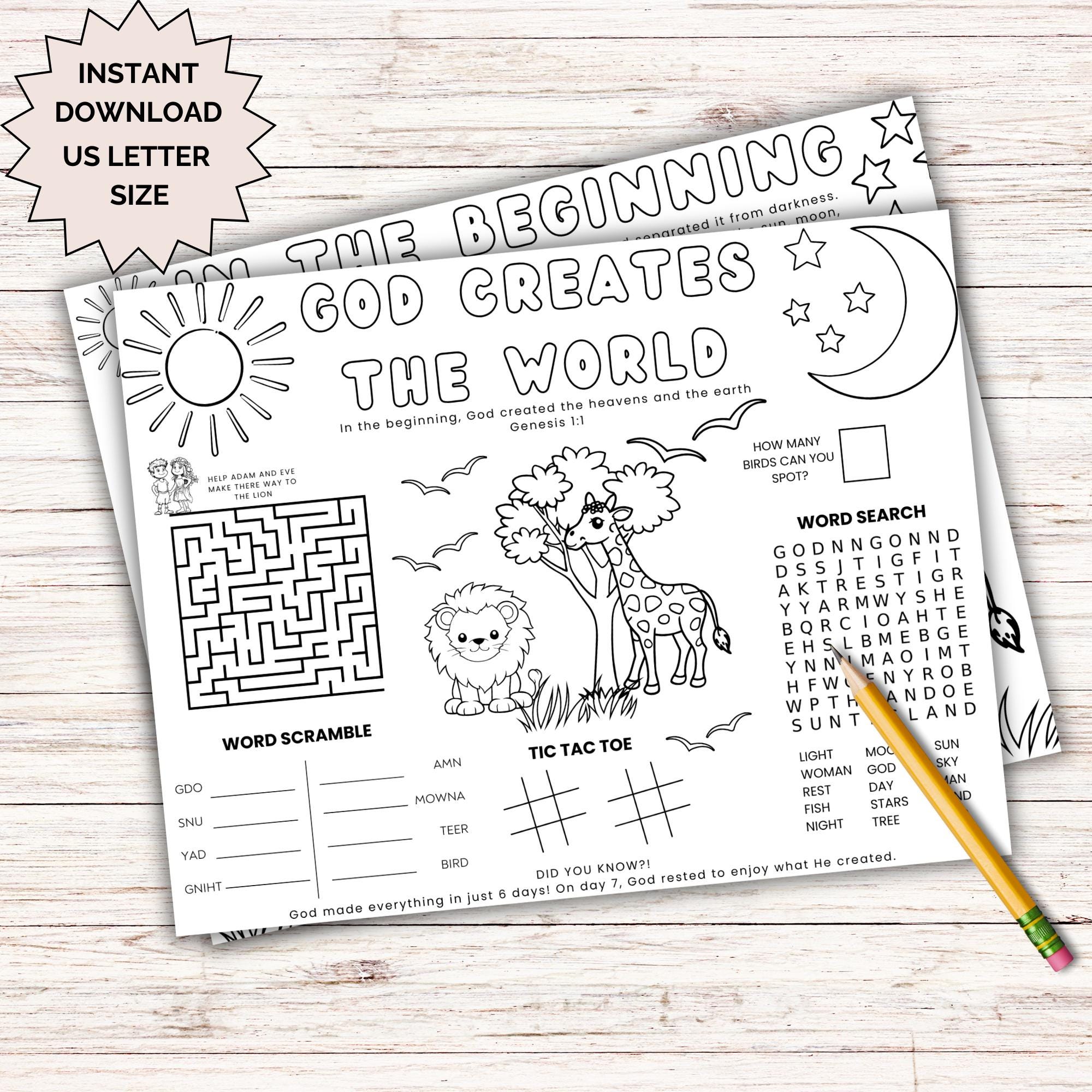 Printable Creation Story Activity Placemat, Bible Story Coloring ...