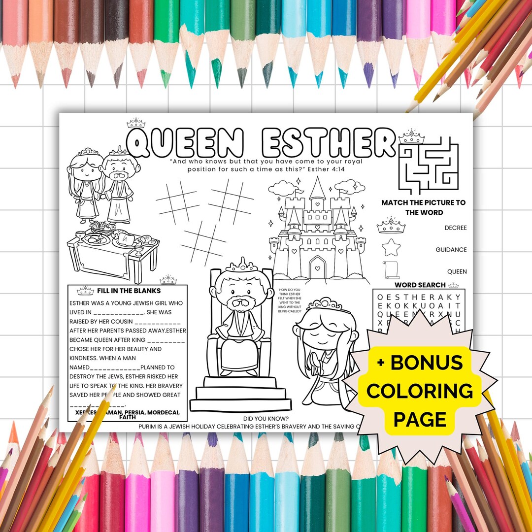 Queen Esther Activity Placemat, Bible Coloring Pages, Old Testament ...