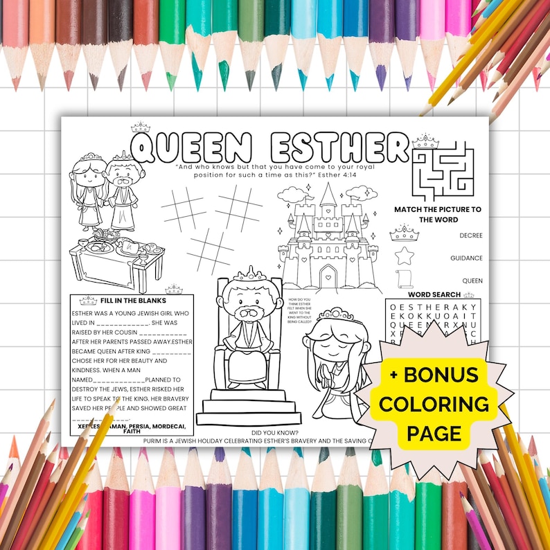 Queen Esther Activity Placemat, Bible Coloring Pages, Old Testament ...
