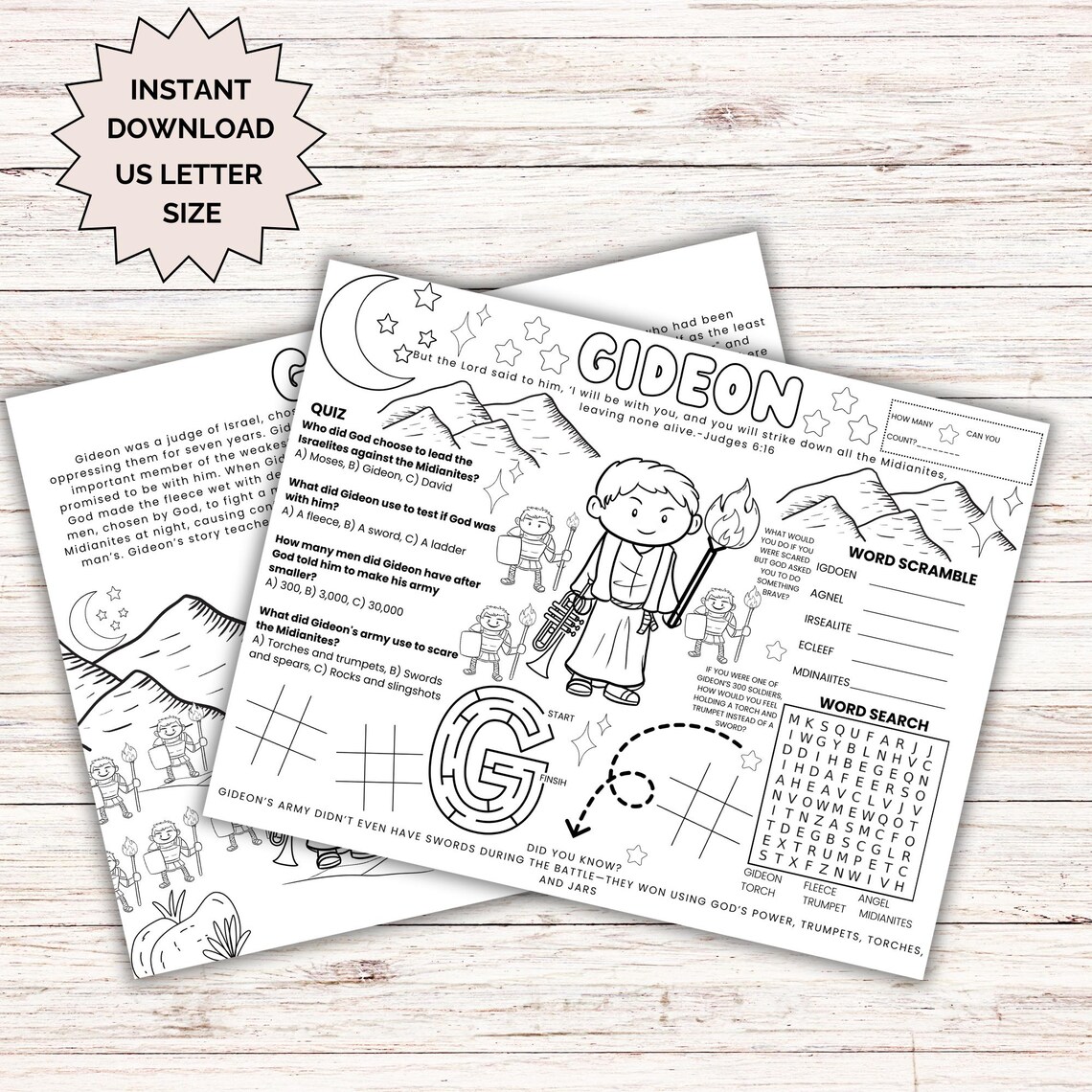 Gideon Activity Placemat, Bible Activity Placemat, Sunday School, Kids ...