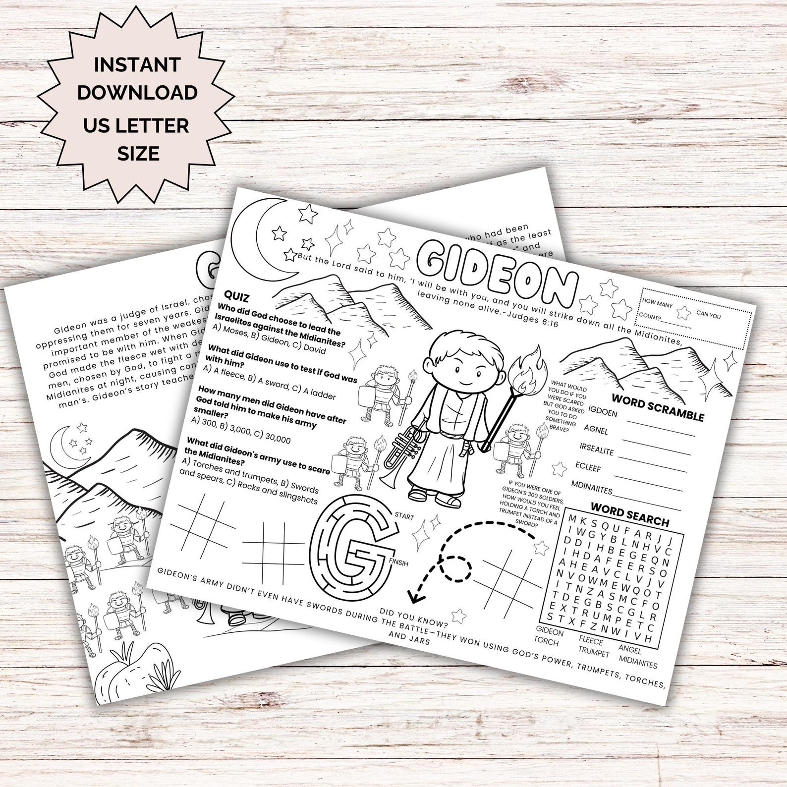 Gideon Activity Placemat, Bible Activity Placemat, Sunday School, Kids ...
