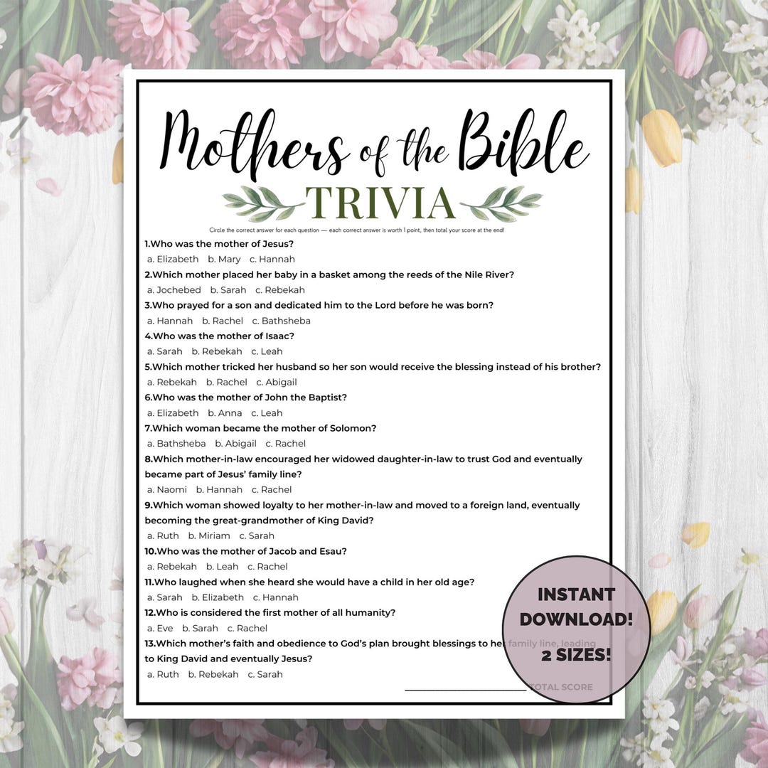 Mothers of the Bible Trivia Game, Mother's Day Bible Quiz for Kids ...