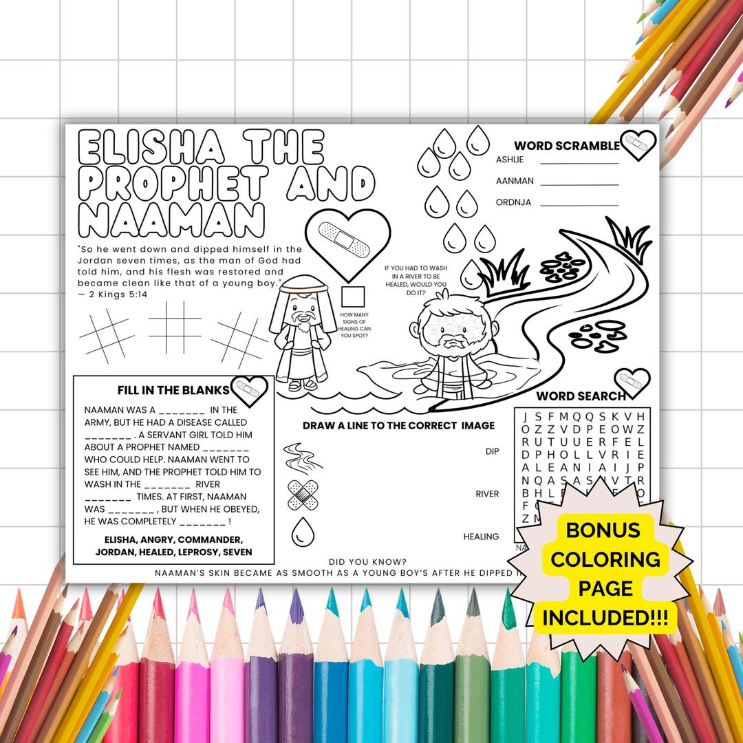 Elisha the Prophet and Naaman Activity Placemat, Bible Story Coloring ...