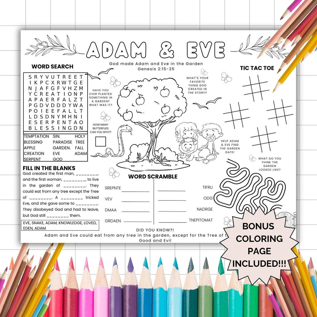 Adam and Eve Placemat Activity, Garden of Eden Coloring Page, Sunday ...