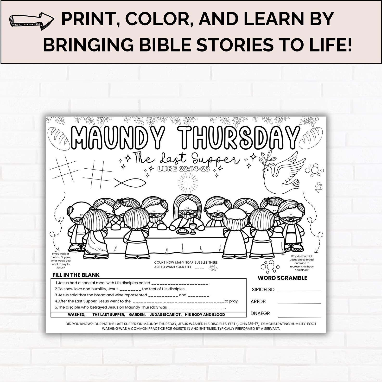 Maundy Thursday Placemat Activity, Holy Week Easter Craft, the Last ...