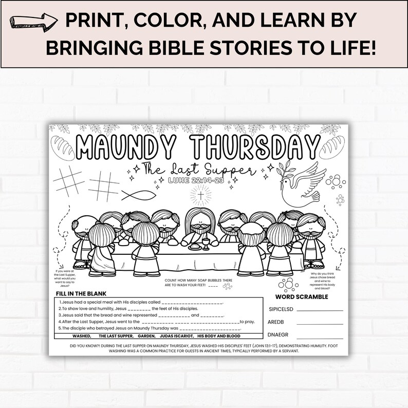 Maundy Thursday Placemat Activity, Holy Week Easter Craft, the Last ...