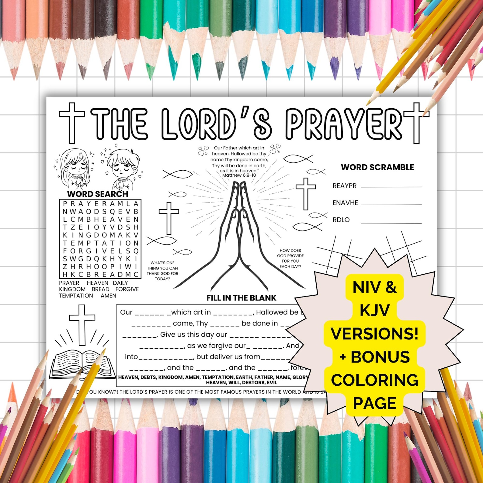 The Lord's Prayer Activity Placemat, Bible Coloring,bible Study Guide ...