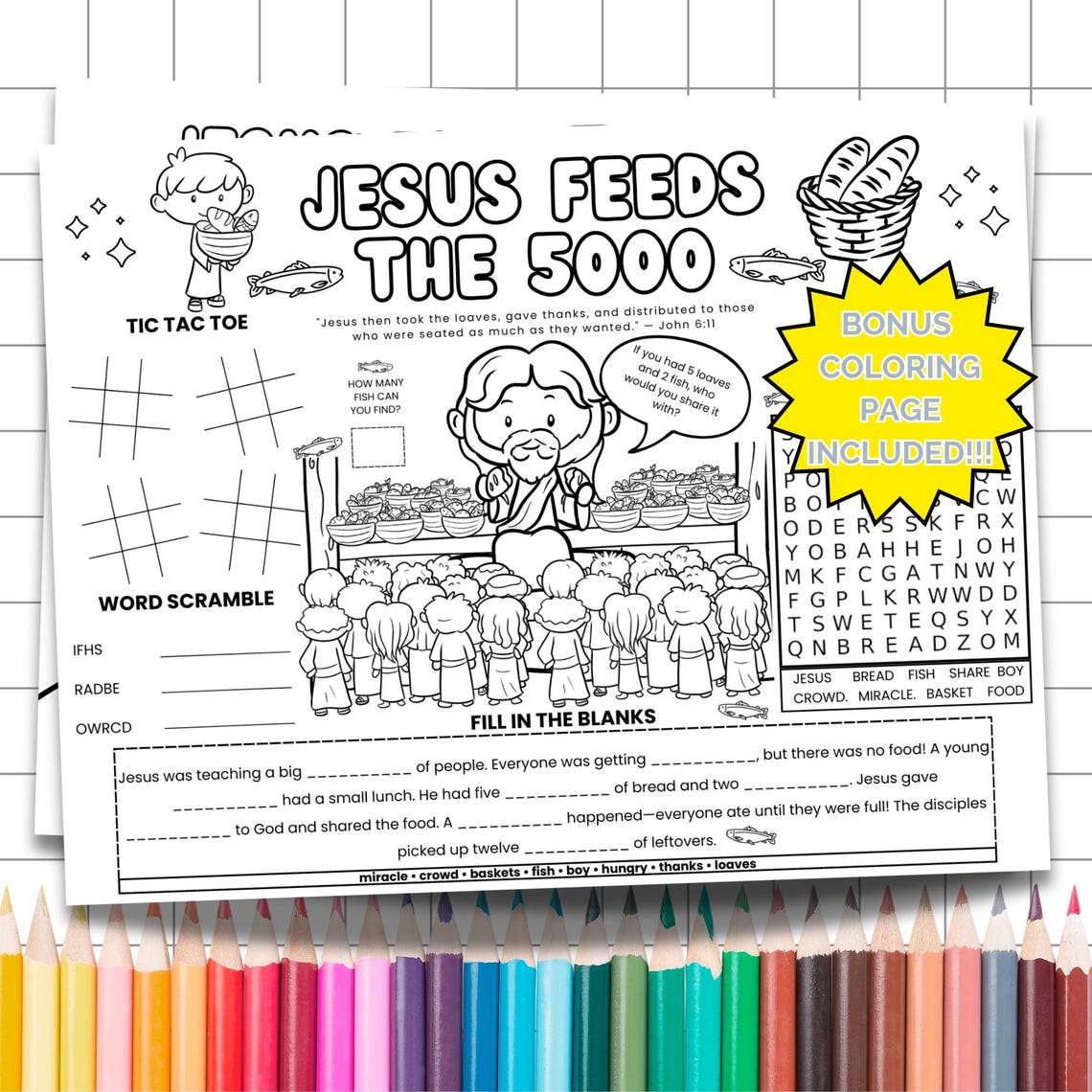 Jesus Feeds 5000 Activity Placemat, Bible Story Coloring Page, Sunday ...