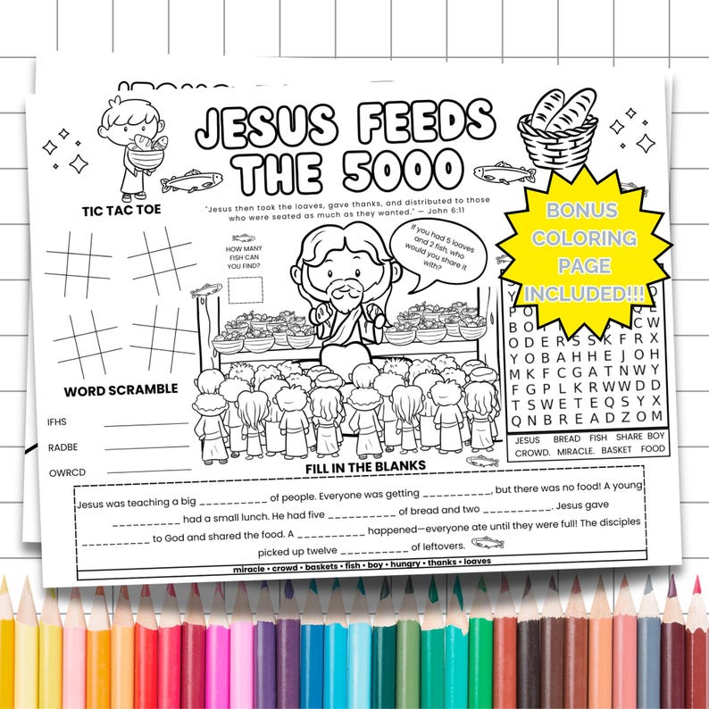 Jesus Feeds 5000 Activity Placemat, Bible Story Coloring Page, Sunday ...