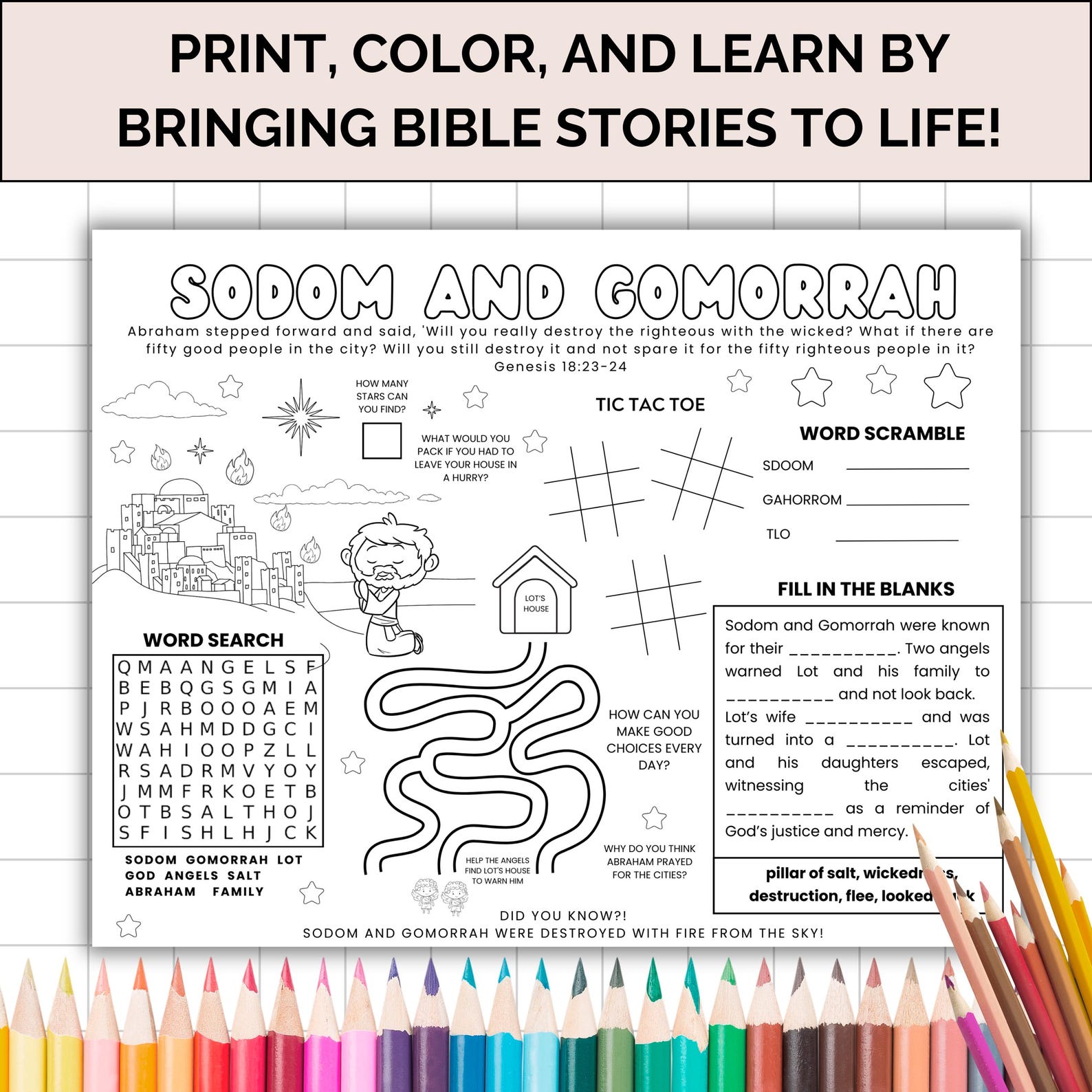 Sodom and Gomorrah Printable Placemat Activity, Old Testament Sunday ...