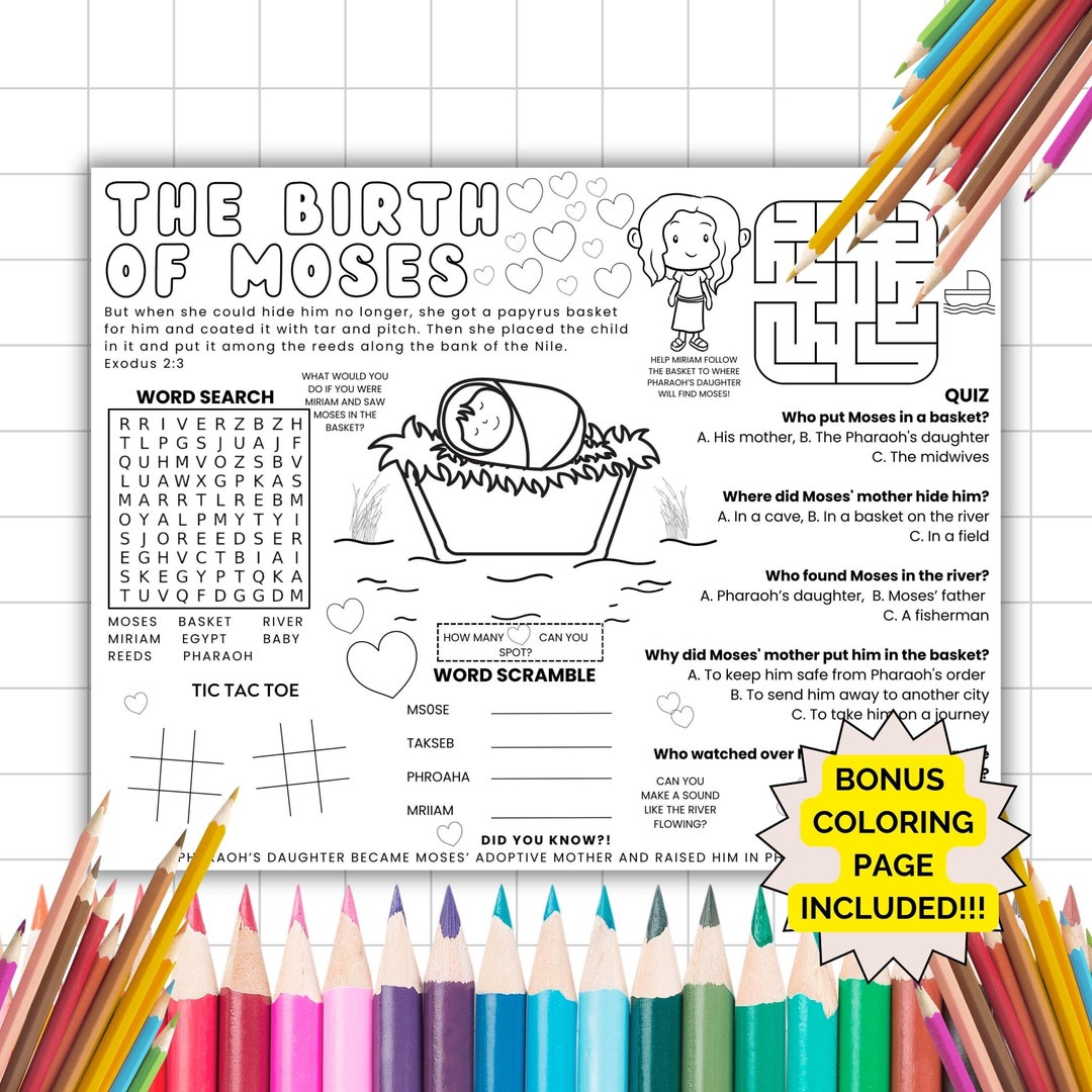 The Birth of Moses Printable Placemat Activity, Old Testament Sunday ...