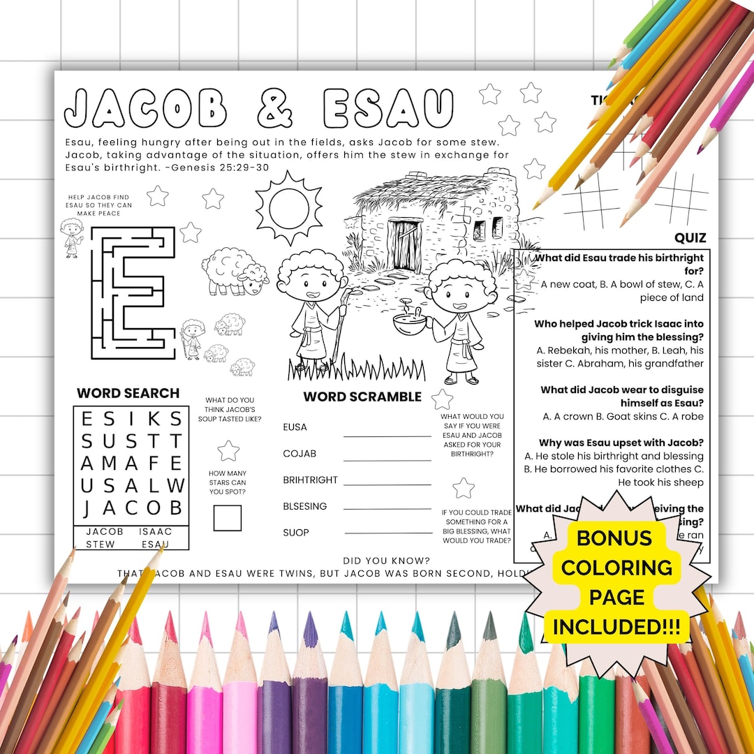 Jacob and Esau Printable Placemat Activity, Old Testament Coloring Page ...