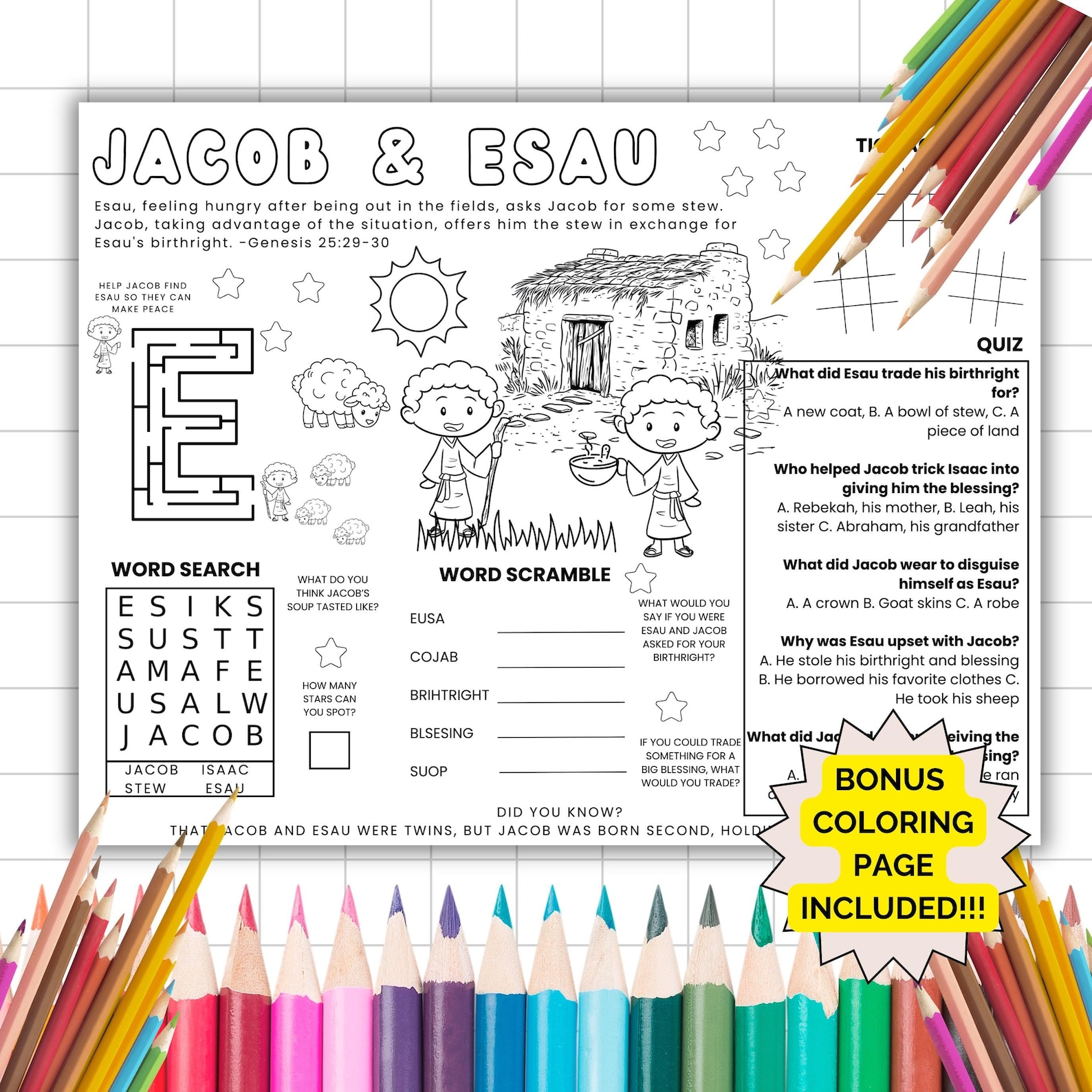Jacob and Esau Printable Placemat Activity, Old Testament Coloring Page ...