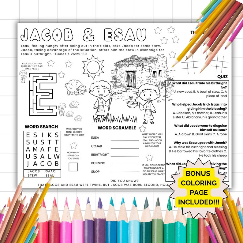 Jacob and Esau Printable Placemat Activity, Old Testament Coloring Page ...