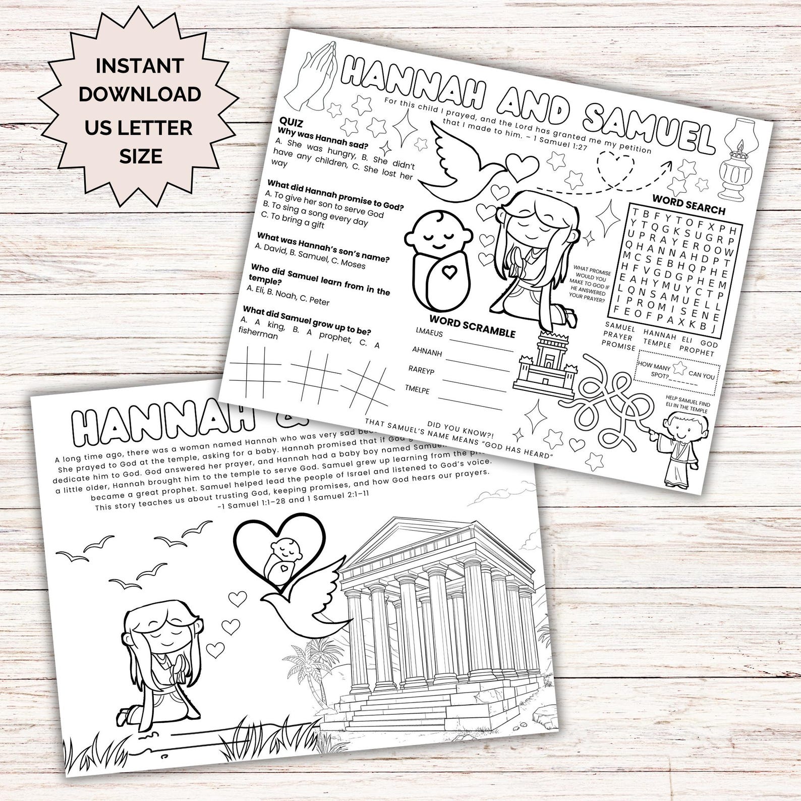 Hannah and Samuel Placemat Activity, Christian Coloring Page, Sunday ...