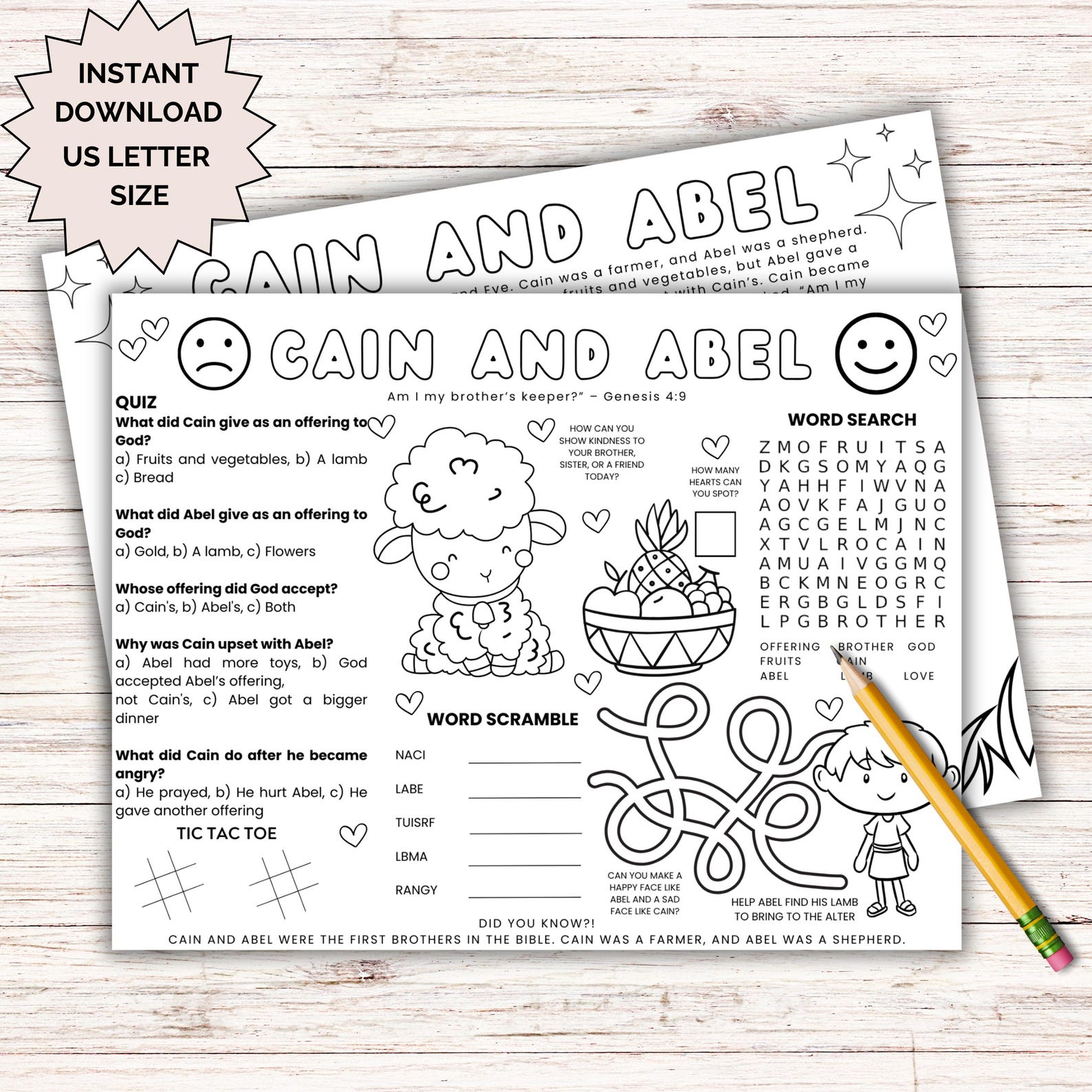 Cain and Abel Printable Placemat, Bible Activity Placemat, Sunday ...
