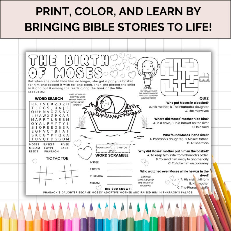 The Birth of Moses Printable Placemat Activity, Old Testament Sunday ...