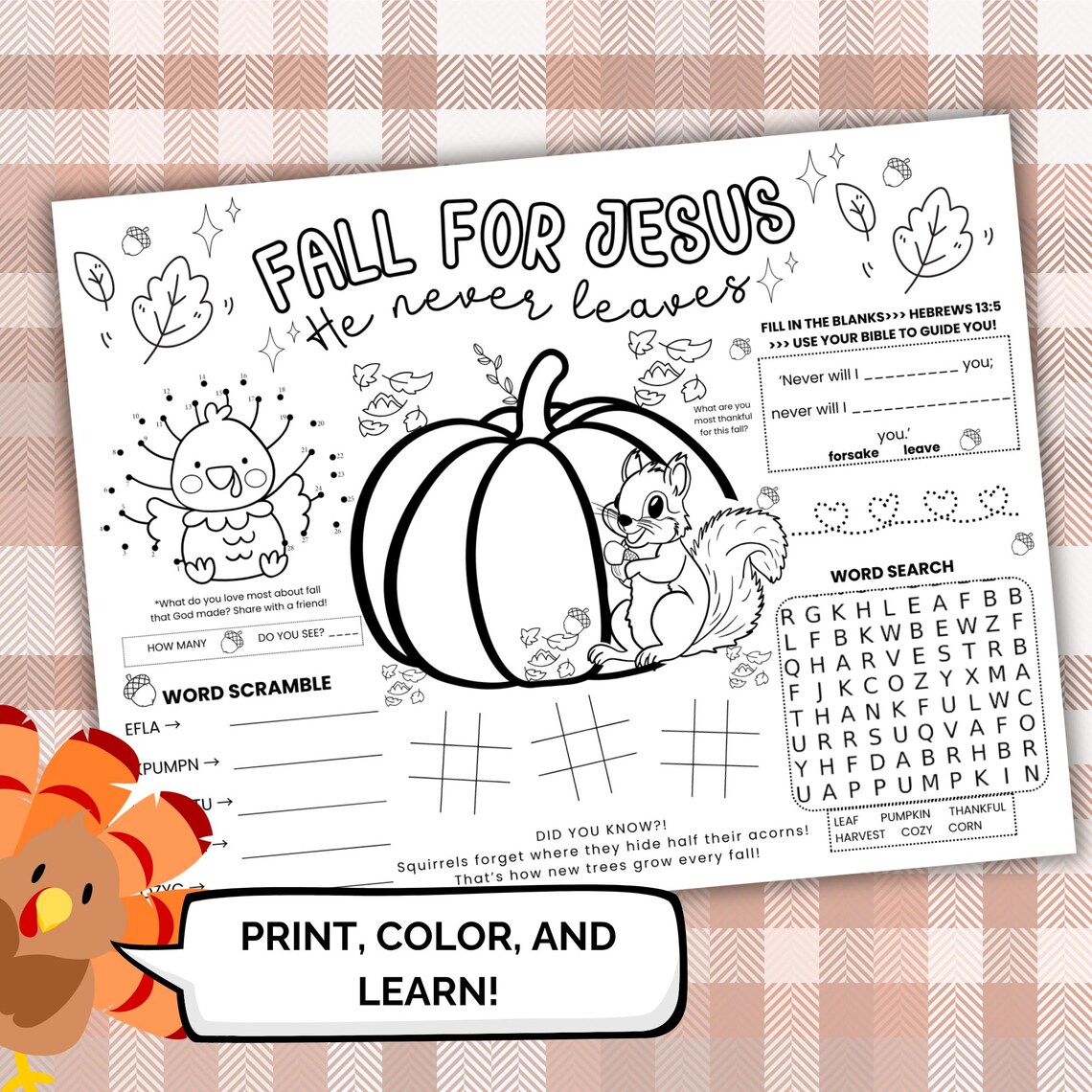 Thanksgiving Activity Placemat, Pumpkin Page for Kids, Give Thanks ...