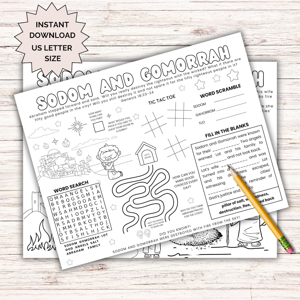 Sodom and Gomorrah Printable Placemat Activity, Old Testament Sunday ...