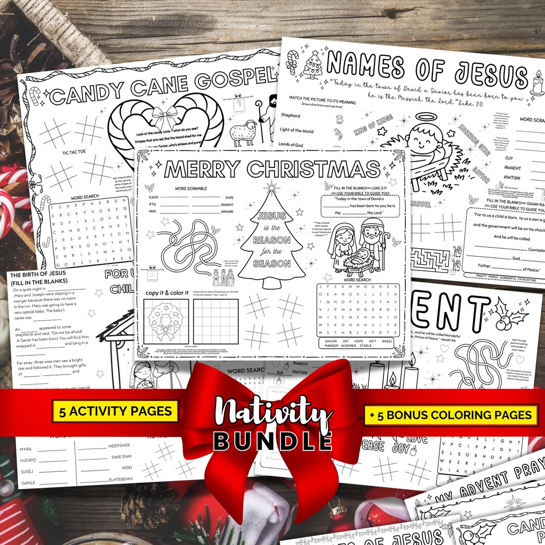 Nativity Activity Placemat Bundle for Kids, Christian Advent Coloring ...