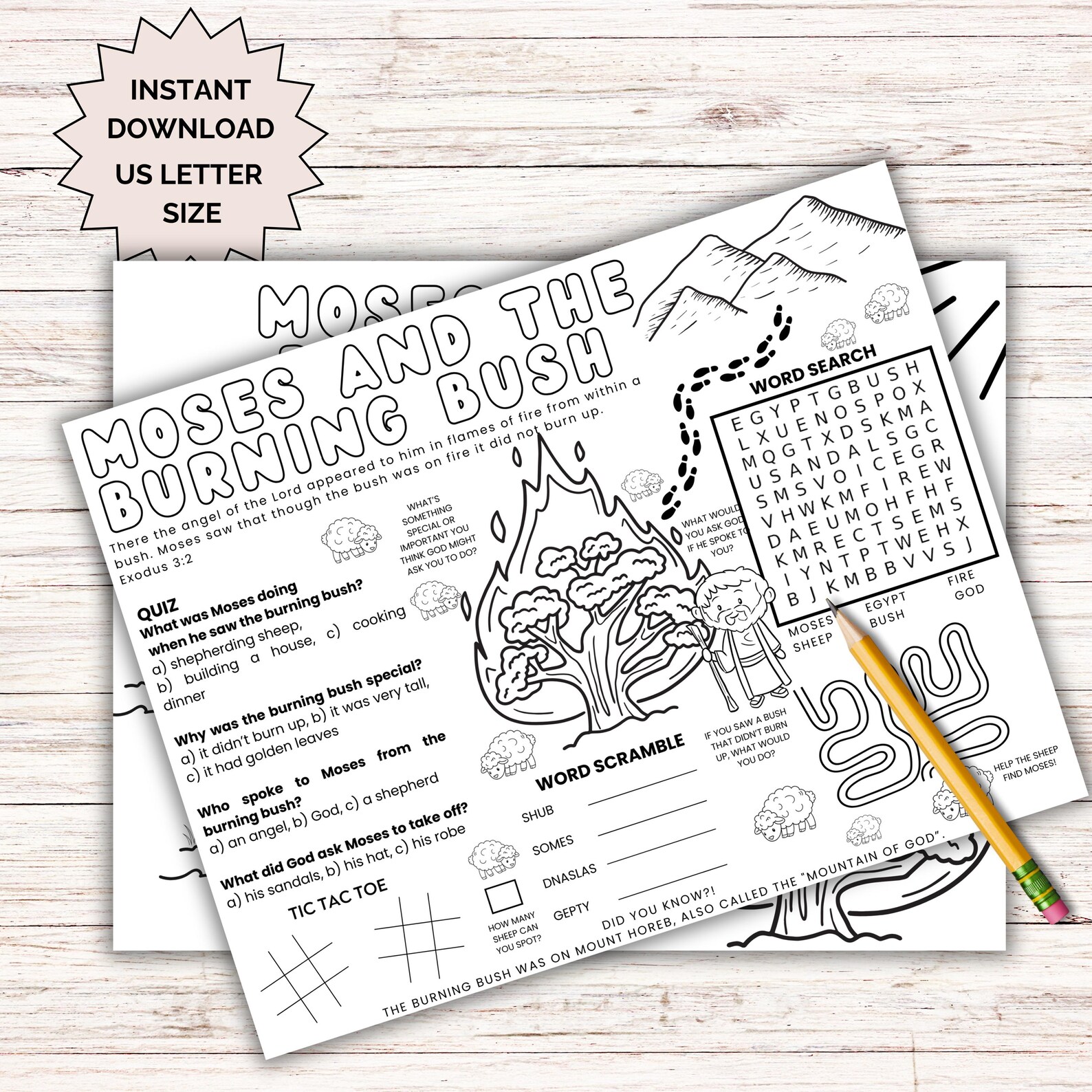 Moses and the Burning Bush Printable Placemat Activity, Old Testament ...