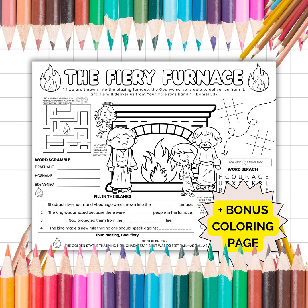Fiery Furnace Activity Placemat, Story of Shadrach, Meshach Abednego ...