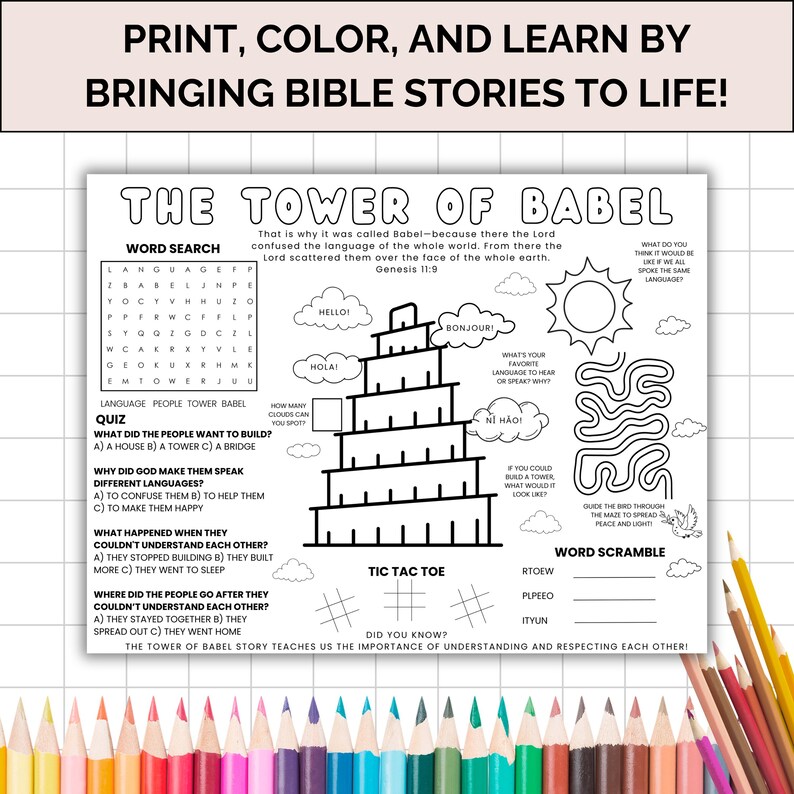 The Tower of Babel Printable Placemat Activity, Old Testament Sunday ...