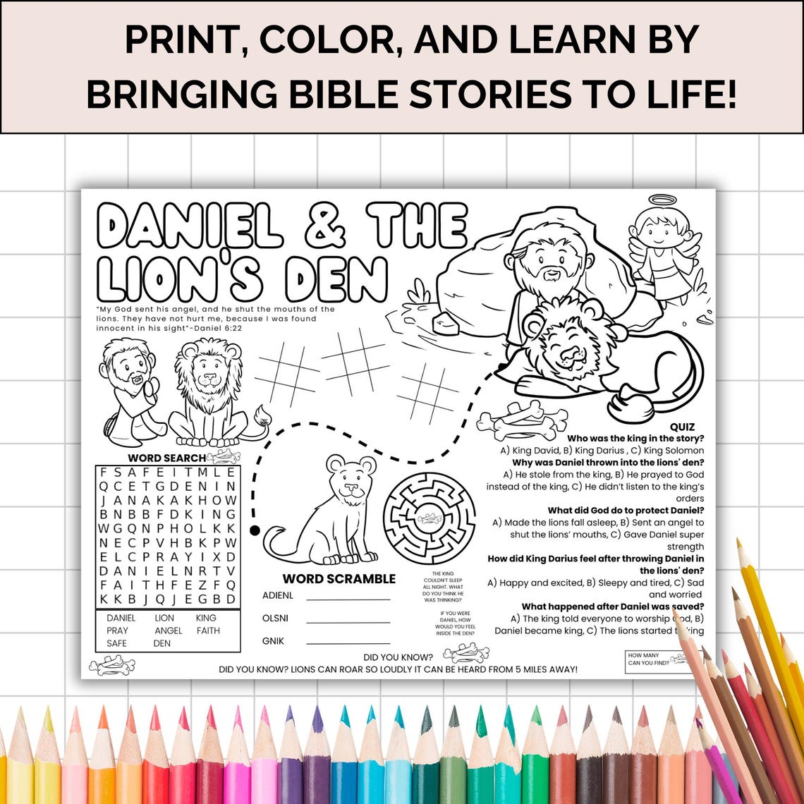 Daniel and the Lions Den Activity Placemat, Christian Homeschool ...