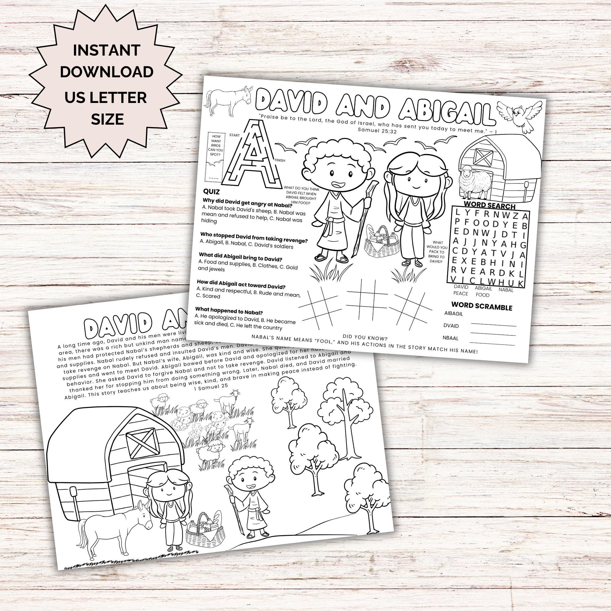 David and Abigail Placemat Activity, Christian Coloring Page, Sunday ...