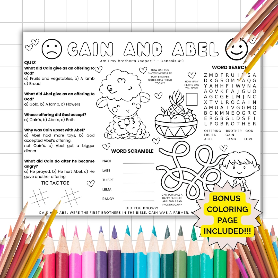 Cain and Abel Printable Placemat, Bible Activity Placemat, Sunday ...