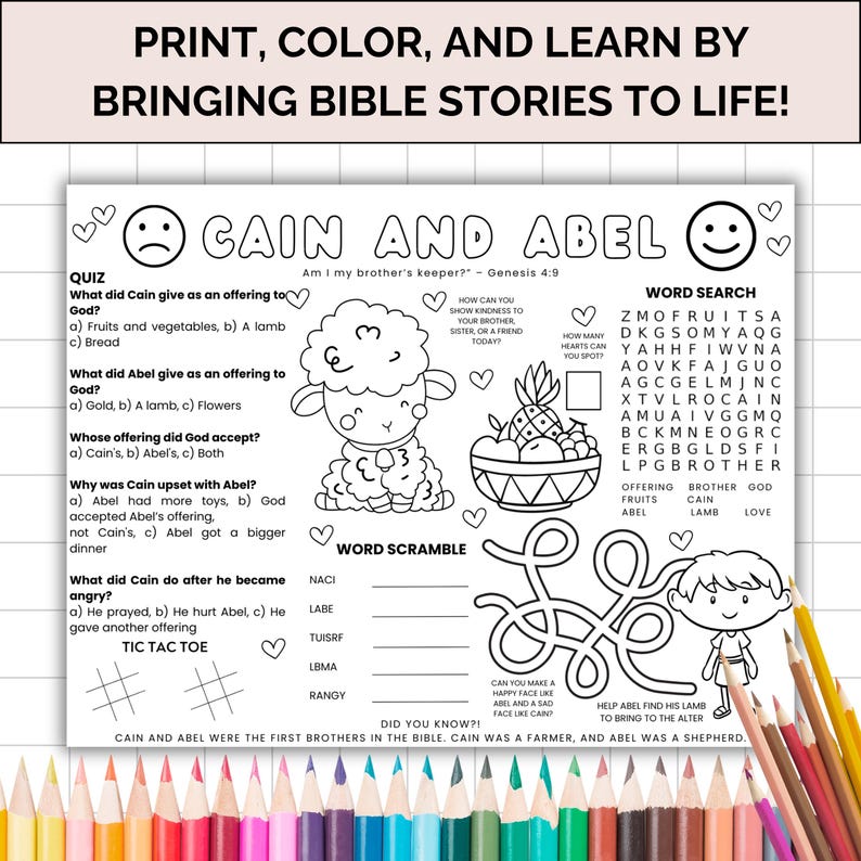 Cain and Abel Printable Placemat, Bible Activity Placemat, Sunday ...