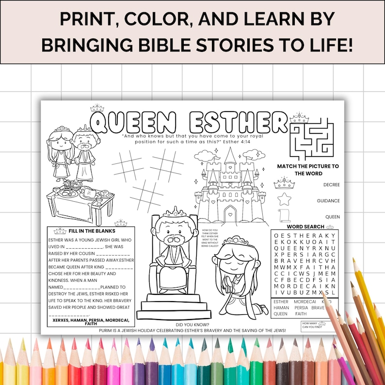 Queen Esther Activity Placemat, Bible Coloring Pages, Old Testament ...