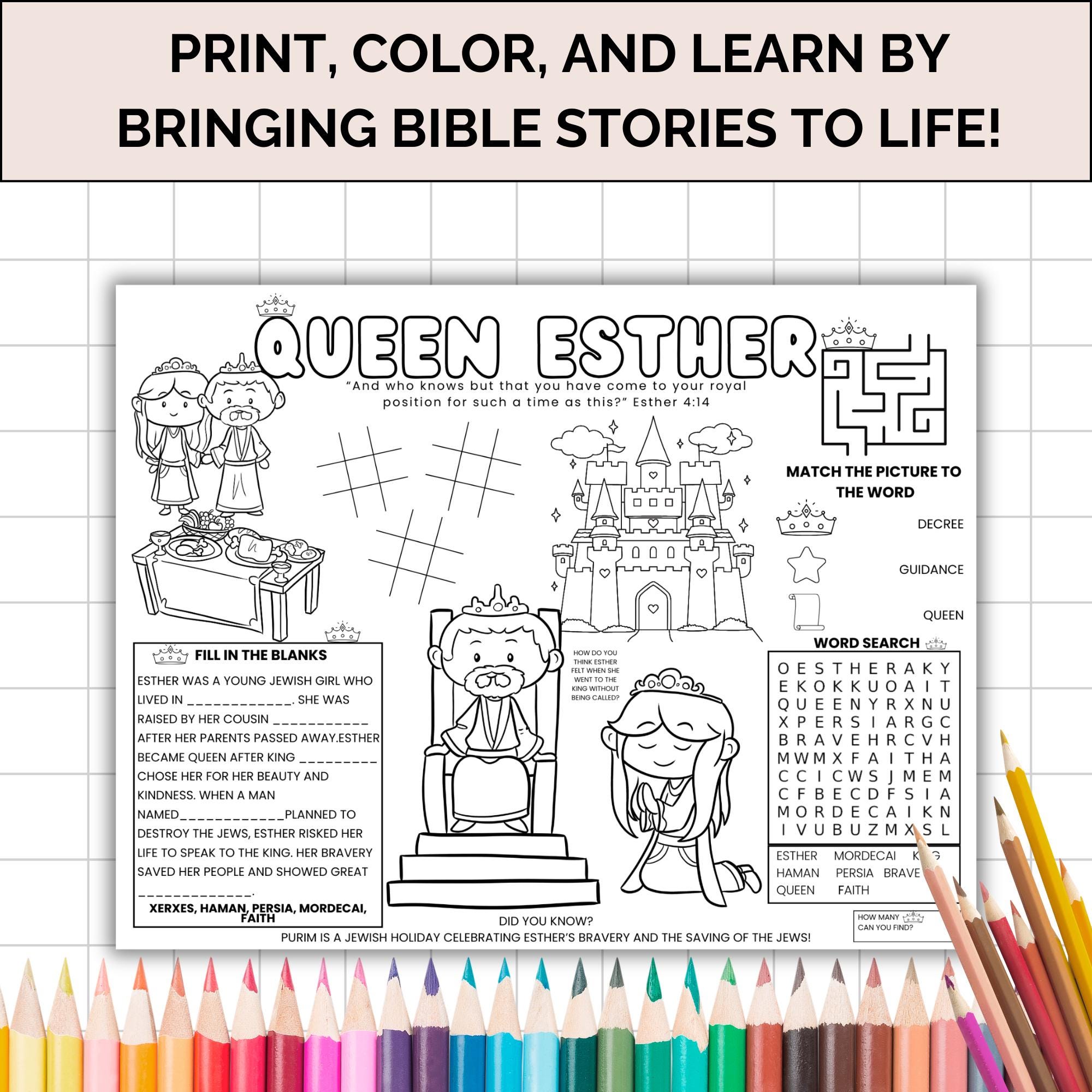 Queen Esther Activity Placemat, Bible Coloring Pages, Old Testament ...