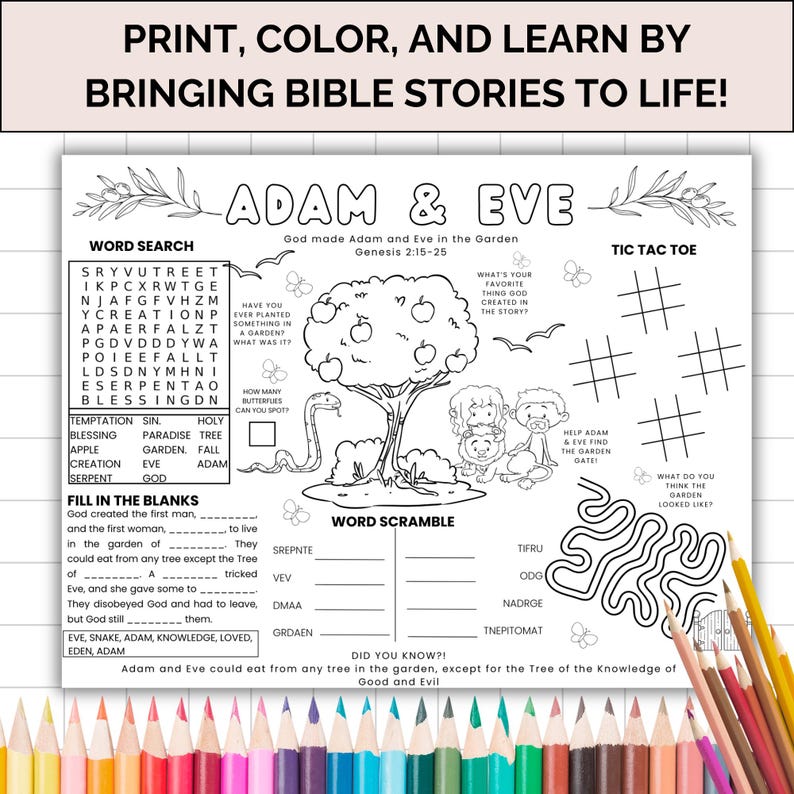 Adam and Eve Placemat Activity, Garden of Eden Coloring Page, Sunday ...