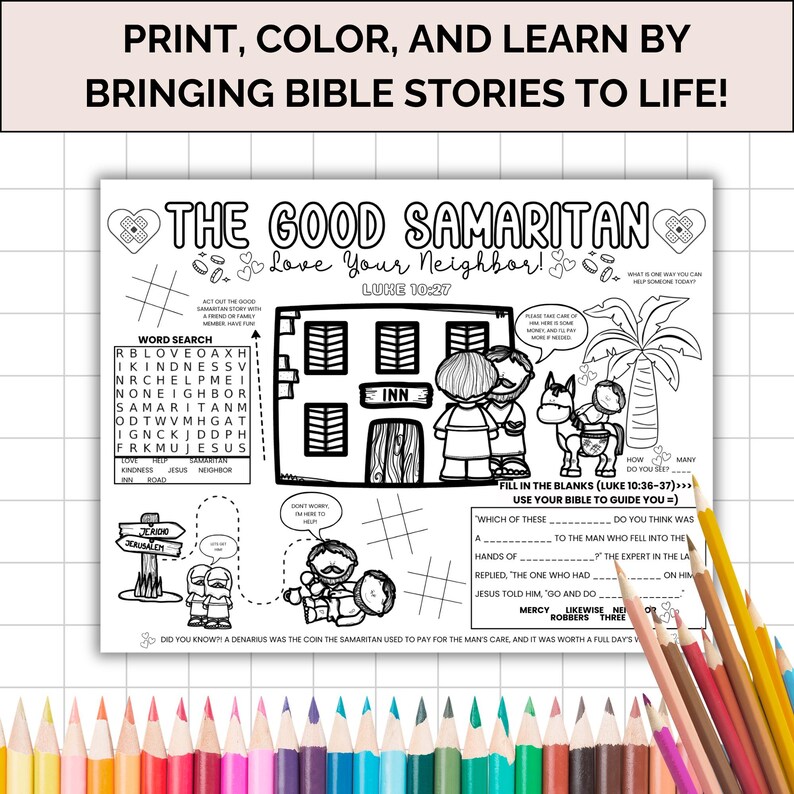 The Good Samaritan Activity Placemat, the Parables of Jesus Coloring ...