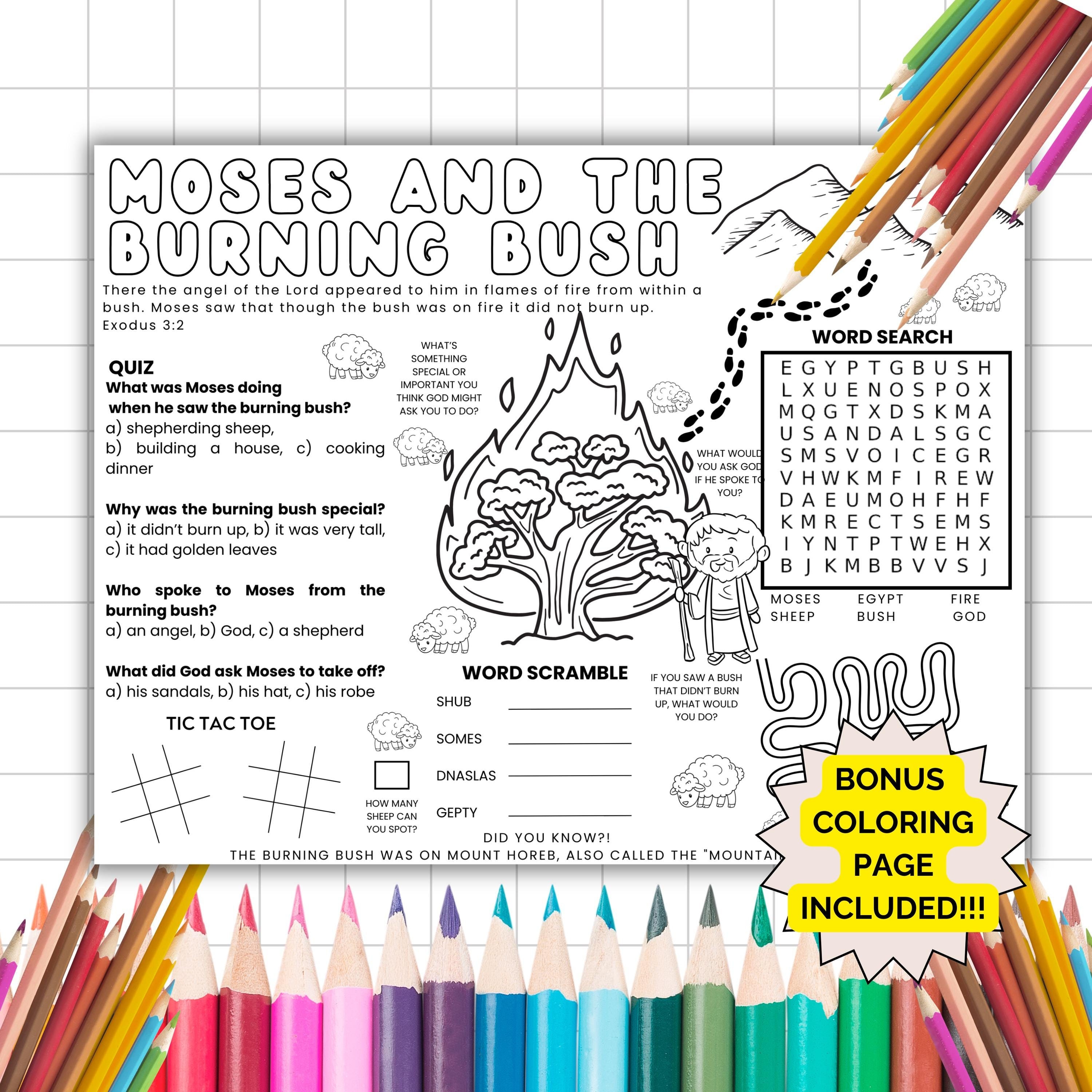 Moses and the Burning Bush Printable Placemat Activity, Old Testament ...
