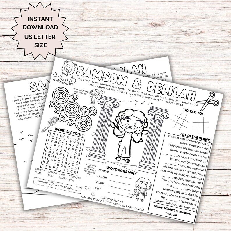 Samson and Delilah Activity Placemat, Bible Activity Placemat, Sunday ...