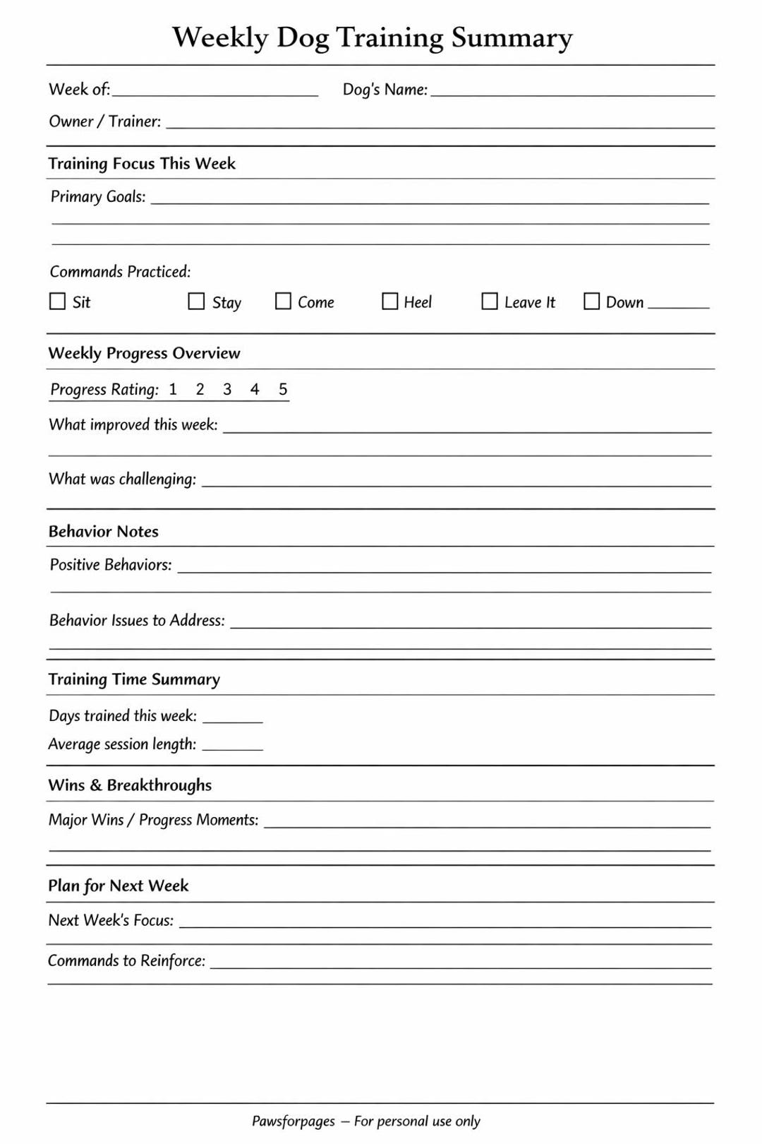 Obedience Progress Tracker | Weekly Dog Training Summary - Etsy