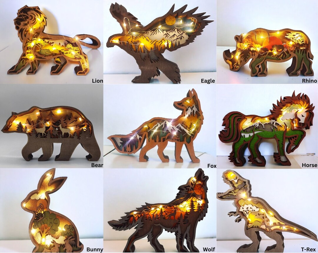 3D Carved Wood Animal LED Ornament Personalised Animal Light up Shelf ...