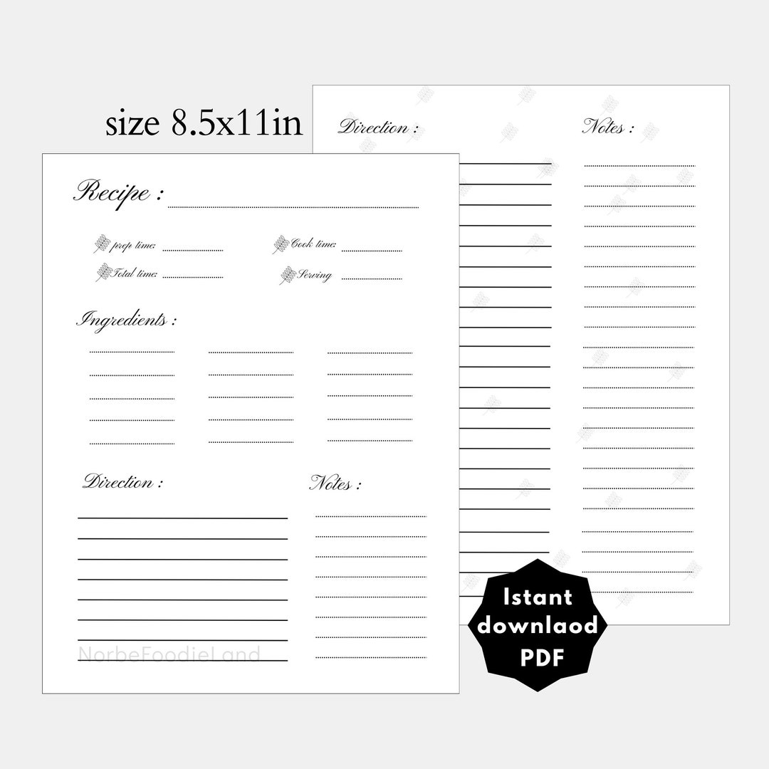 Recipe Template Printable Card 8.5x11in Instant Download Printable Page ...