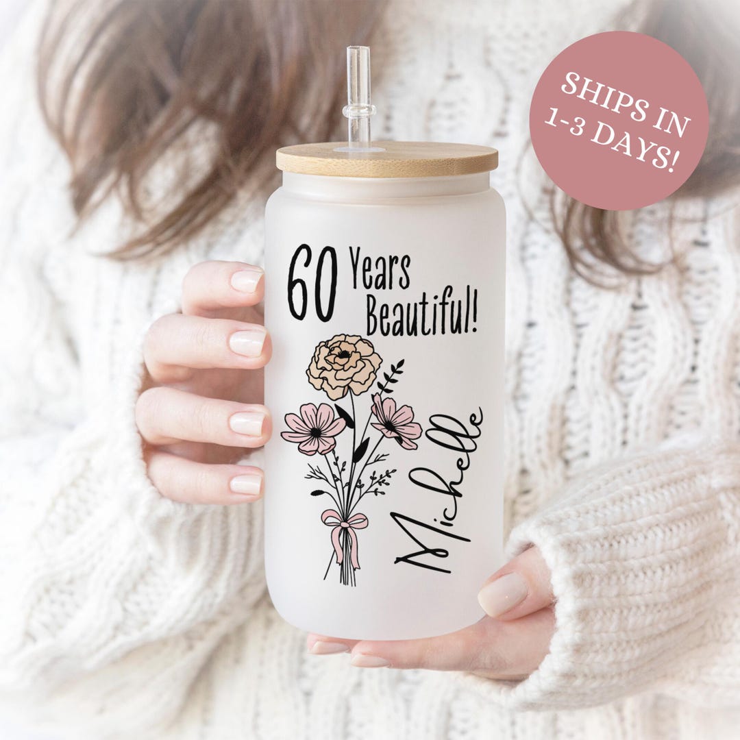 60th Birthday Glass Turning 60 Gift With Birthflower Glass Tumbler 60 ...