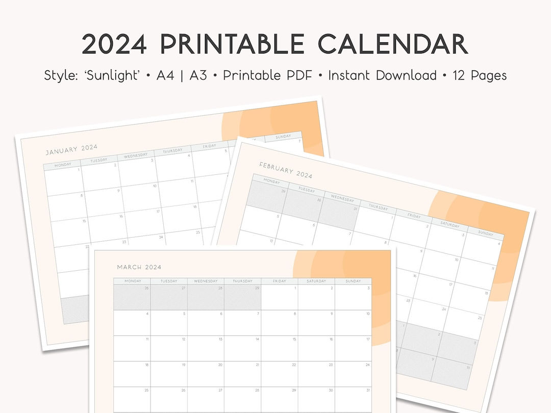 2024 Illustrated Printable PDF Calendar in Style 'sunlight' | A4, A3 ...