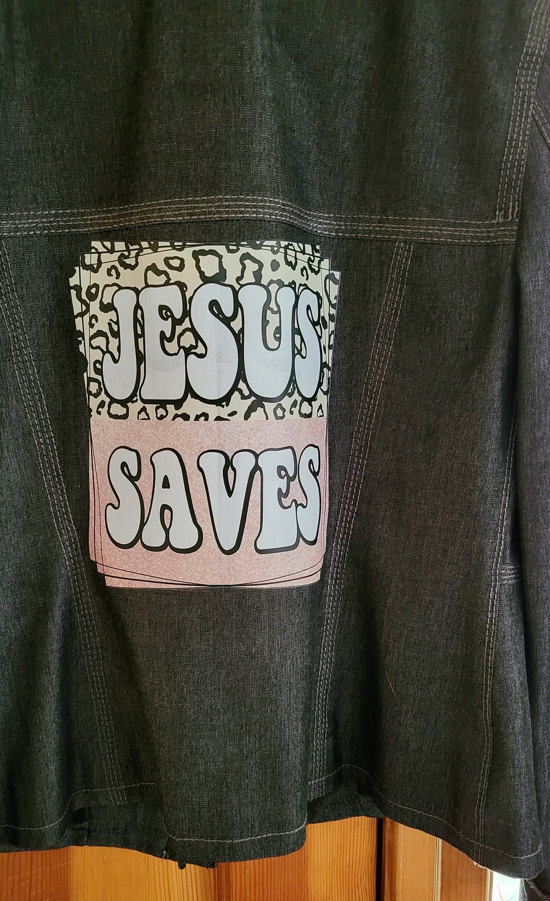 Dark Denim Style Jacket. Jesus Saves Graphic on Back. Leopard Print and ...