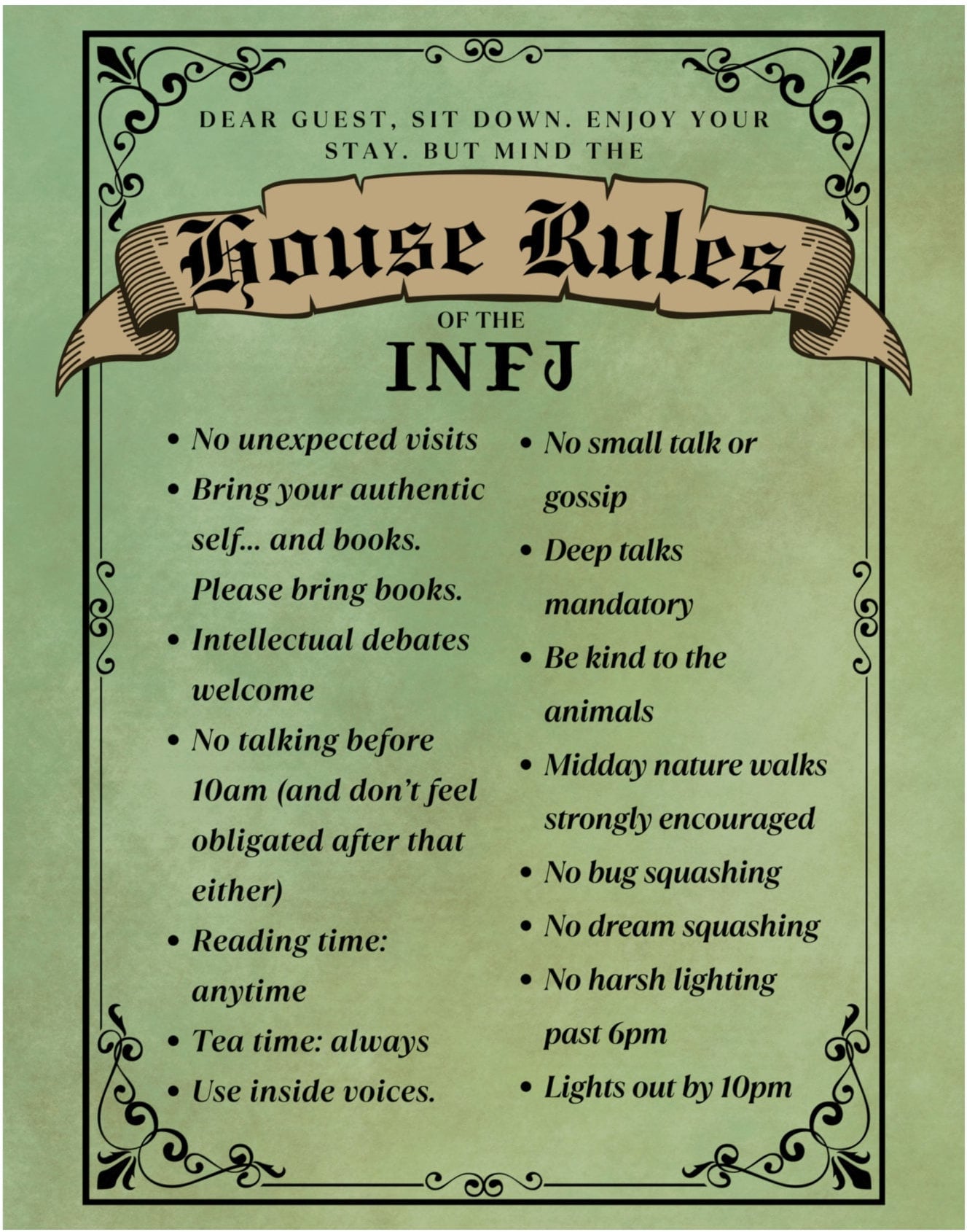 INFJ Adult House Rules Print Funny Myers Briggs INFJ Gifts for Introverts Funny House Rules ...