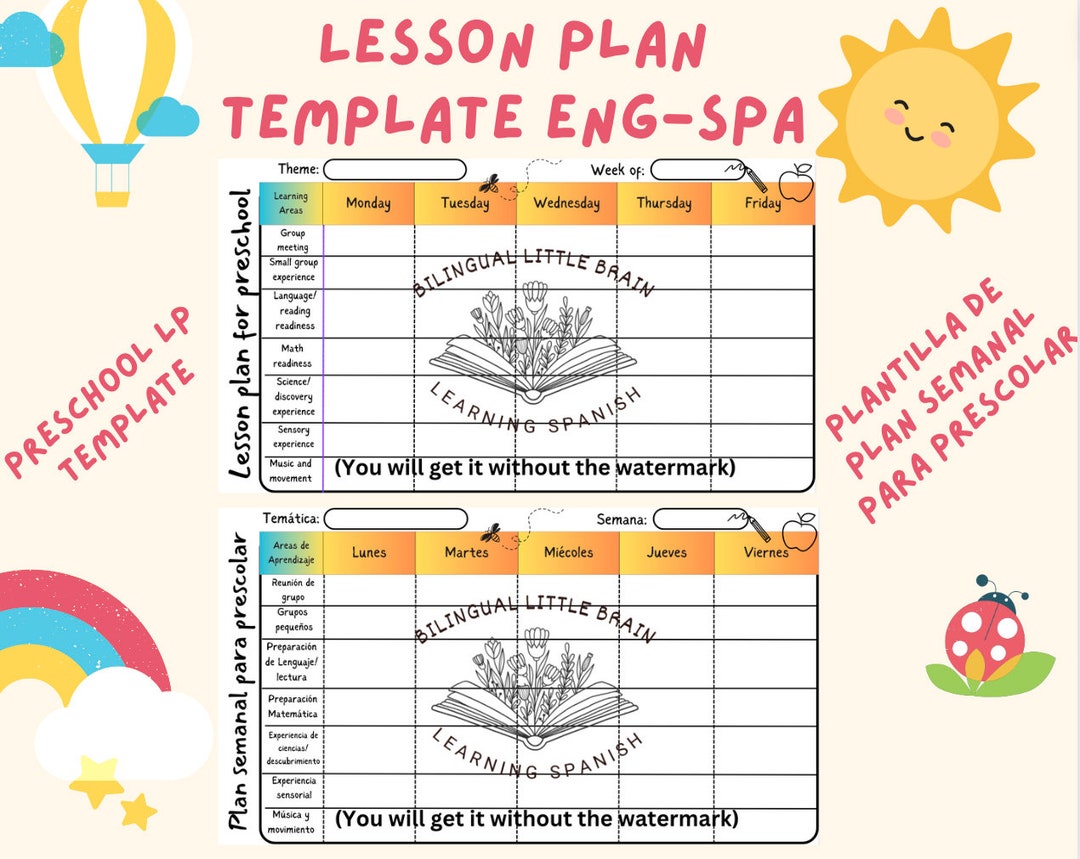 Lesson Plan TEMPLATE for Preschool. ENG-SPA. - Etsy
